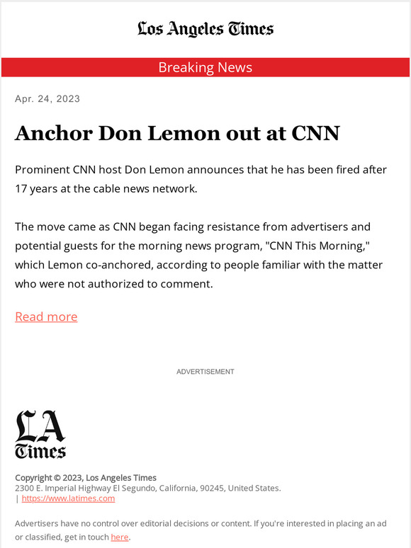 Los Angeles Times: Breaking News: Anchor Don Lemon out at CNN | Milled