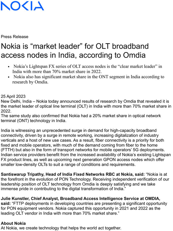Withings: Nokia is “market leader” for OLT broadband access nodes in ...