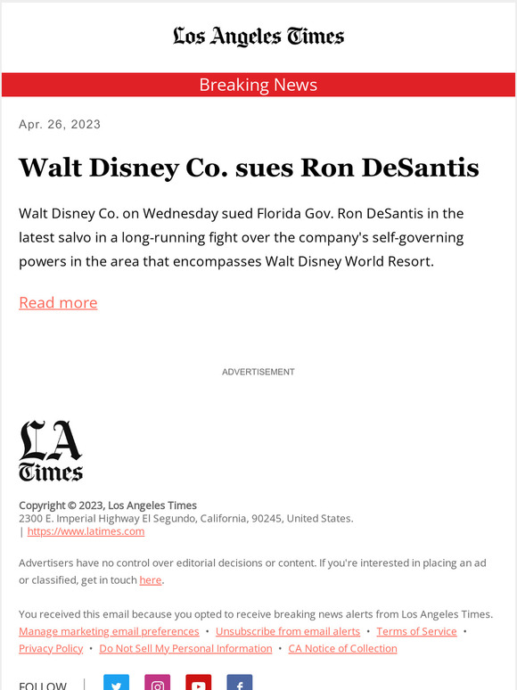 Los Angeles Times: Breaking News: Walt Disney Co. sues Ron DeSantis ...