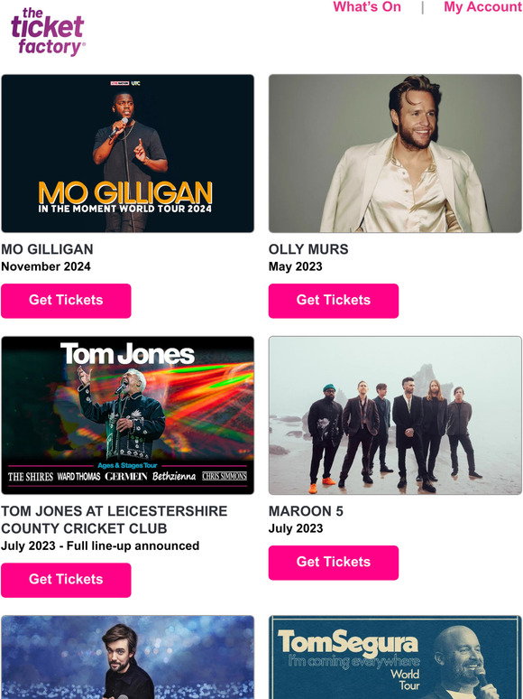 The Ticket Factory: Mo Gilligan, Olly Murs, Tom Jones at Leicestershire ...