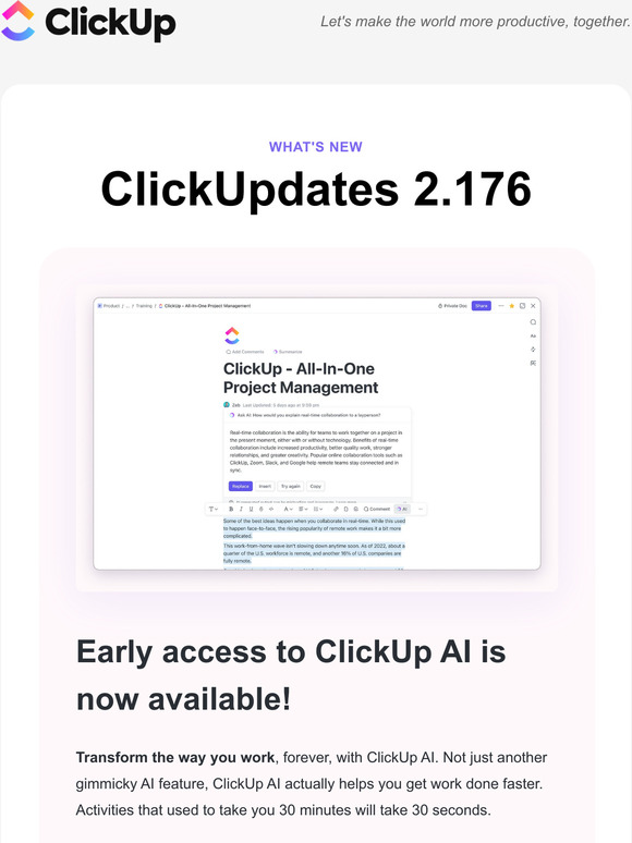 ClickUp: Early access to ClickUp AI is now available! | Milled