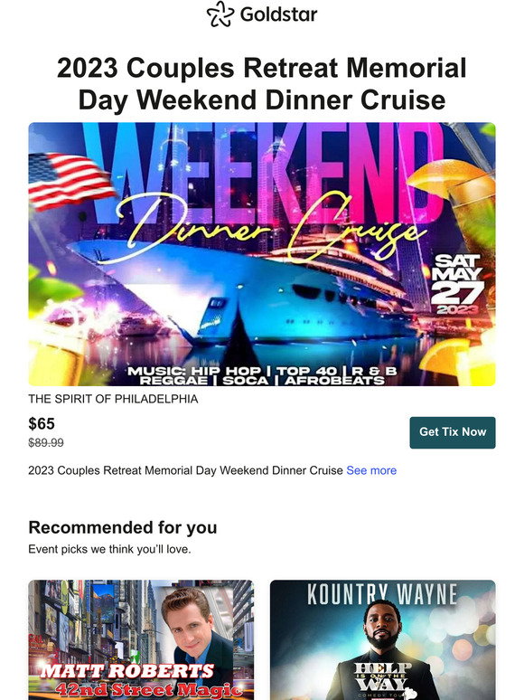 Goldstar: Tickets for 2023 Couples Retreat Memorial Day Weekend Dinner ...