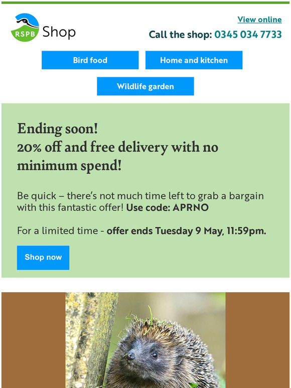 RSPB: Your code is waiting! 20% off and free delivery with no minimum ...