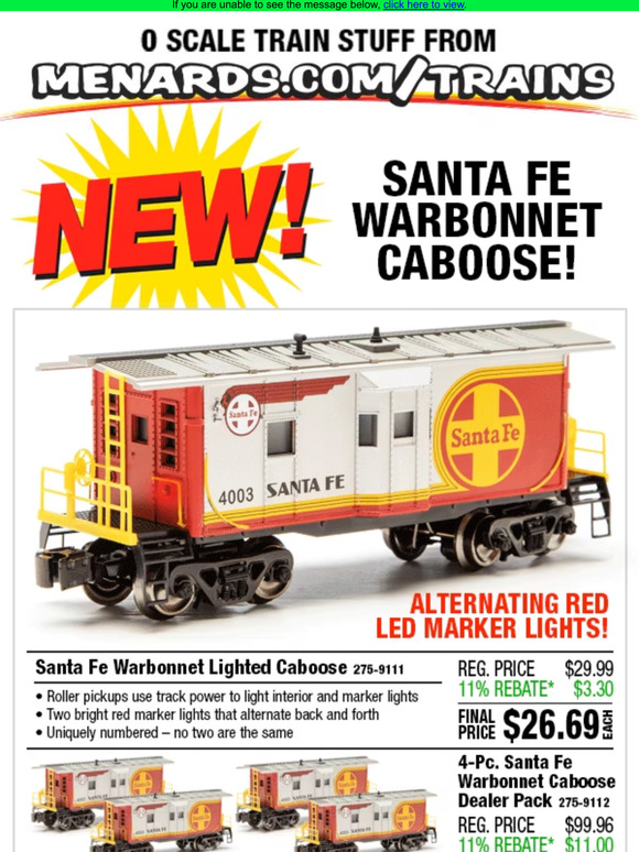 Menards: New! Santa Fe Bay Window Caboose with Lights! | Milled