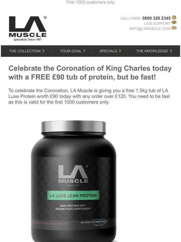 LA Muscle: Free £90 tub of protein to celebrate the Coronation today ...