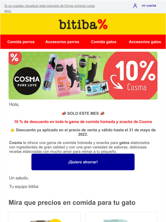 bitiba: 10 % de descuento en toda la comida Cosma para tu gato | Milled