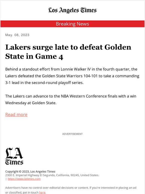 Los Angeles Times: Breaking News: Lakers surge late to defeat Golden ...