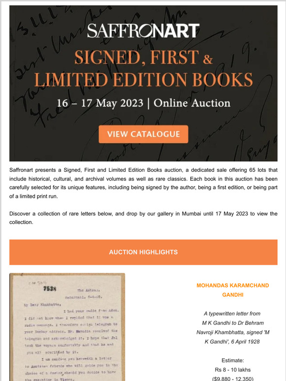 Saffronart: Discover rare letters at our Signed, First and Limited ...