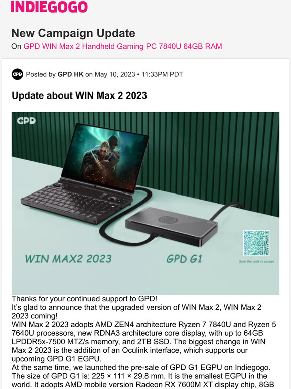 Indiegogo: 📢 Update #49 from GPD WIN Max 2 Handheld Gaming PC 7840U ...