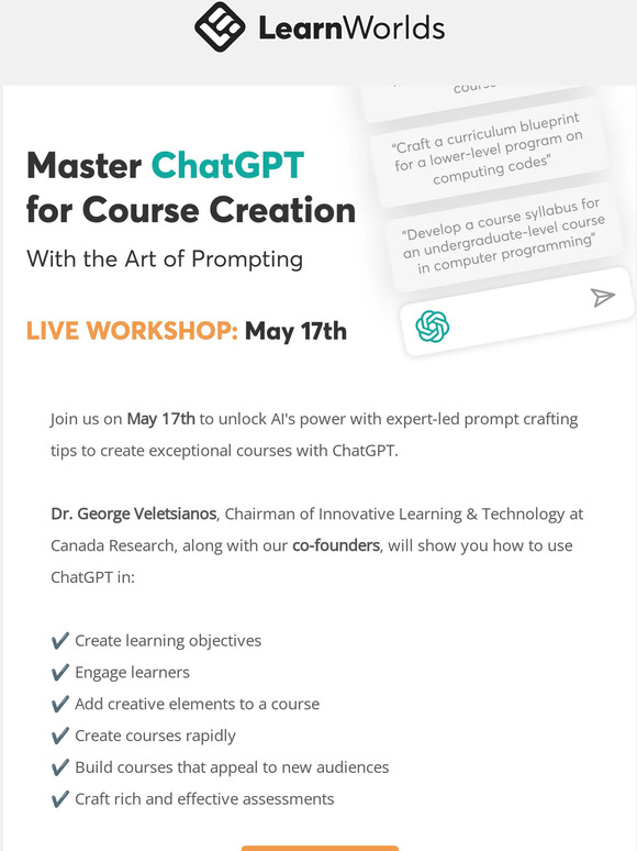 Learnworlds: [Live Workshop] Master ChatGPT for Course Creation with the Art of Prompting | Milled