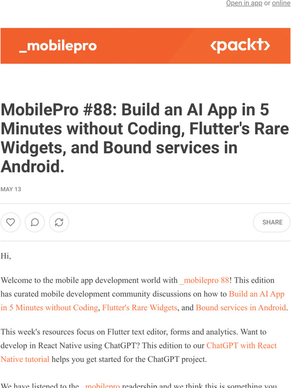 Packt: MobilePro #88: Build an AI App in 5 Minutes without Coding ...