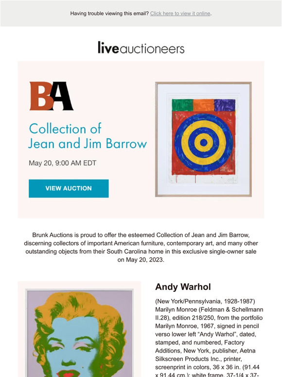 LiveAuctioneers: Brunk Auctions | Collection of Jean and Jim Barrow ...