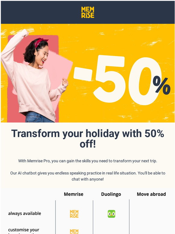 Memrise: 50% off Memrise Pro - grab it before your next trip! 🧳 | Milled
