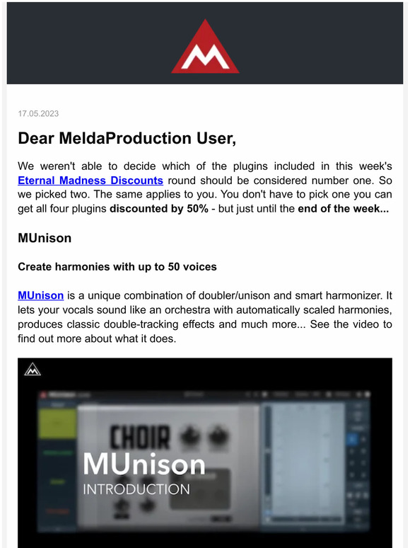 MeldaProduction: MUnison and MHarmonizerMB: Create epic harmonies with two plugins discounted by ...