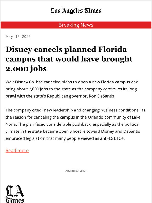Los Angeles Times: Breaking News: Disney cancels planned Florida campus ...
