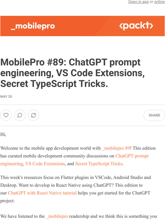 Packt: MobilePro #89: ChatGPT prompt engineering, VS Code Extensions, Secret TypeScript Tricks ...
