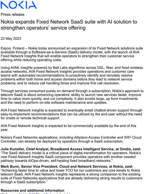 Withings: Nokia expands Fixed Network SaaS suite with AI solution to strengthen operators ...