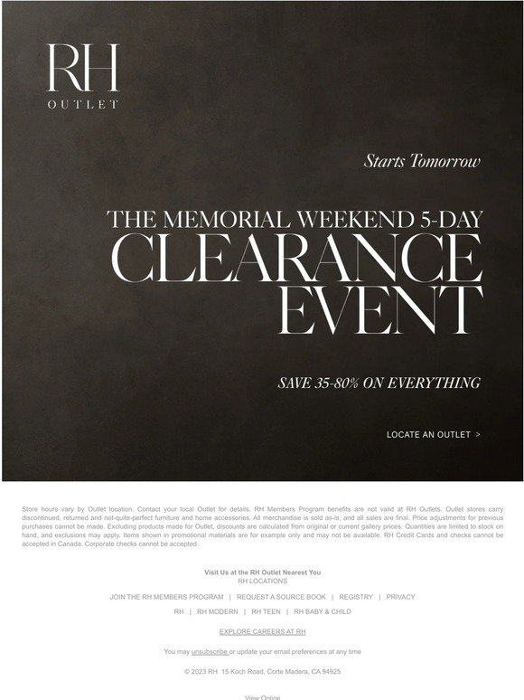 Restoration Hardware: The Memorial Weekend 5-Day Clearance Event Begins ...