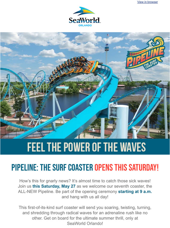SeaWorld: 🏄 Pipeline: The Surf Coaster Opens this Saturday | Milled