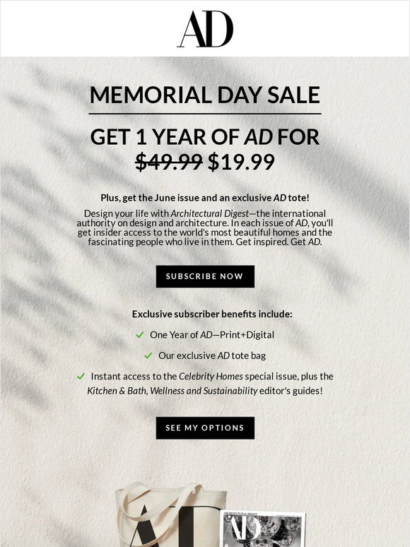 Architectural Digest: Memorial Day Sale: Get 1 year of AD for only $19. ...