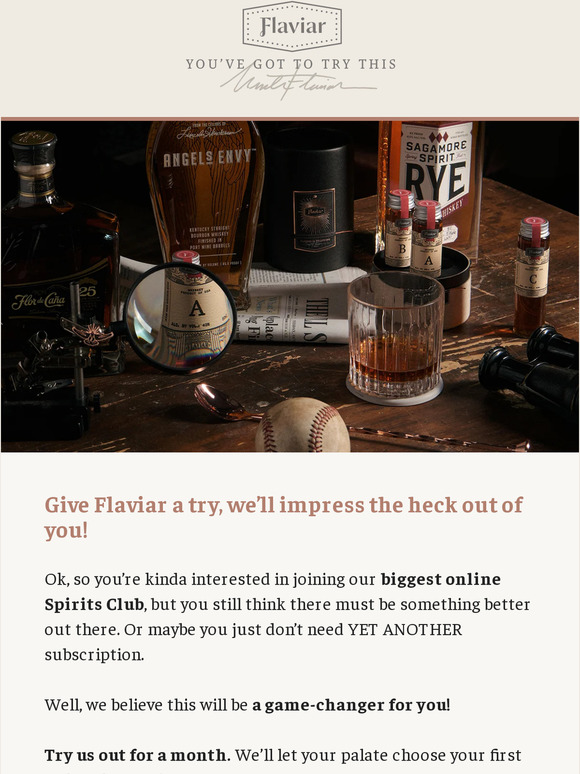Flaviar: Get a taste of Flaviar, dip your tongue for a month 😛 🥃 | Milled