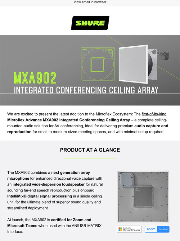 Shure: Introducing MXA902 Integrated Conferencing Ceiling Array | Milled