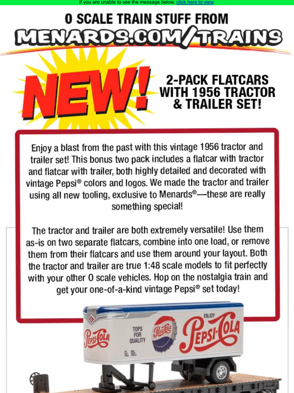 Menards: New! Flatcars with Pepsi Tractor & Trailer! | Milled