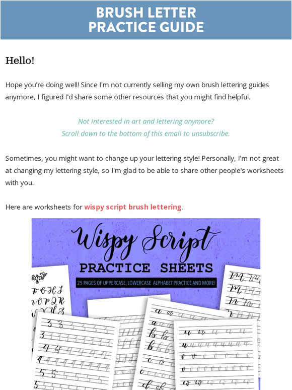 MJHdesigns: Wispy Script Brush Lettering Style Worksheets | Milled
