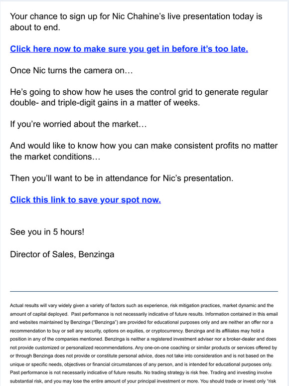 Benzinga: Happening TONIGHT: Nic goes live with the “control grid” in 5 ...