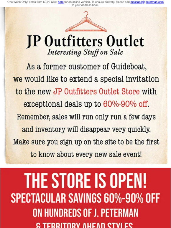 Guideboat: The JPO Outlet is Open! Save 60%-90% on Spring Styles | Milled