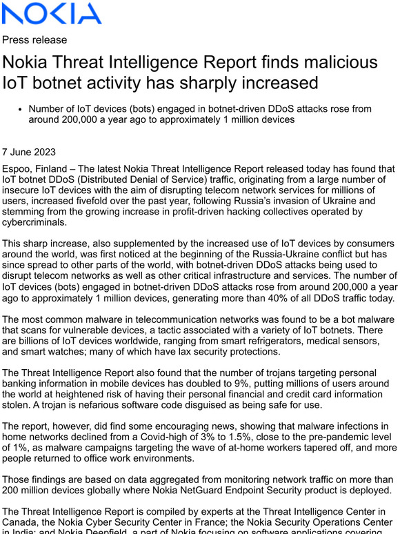 Nokia Health: Nokia Threat Intelligence Report finds malicious IoT ... Nokia Health: Nokia Threat Intelligence Report finds malicious IoT ...