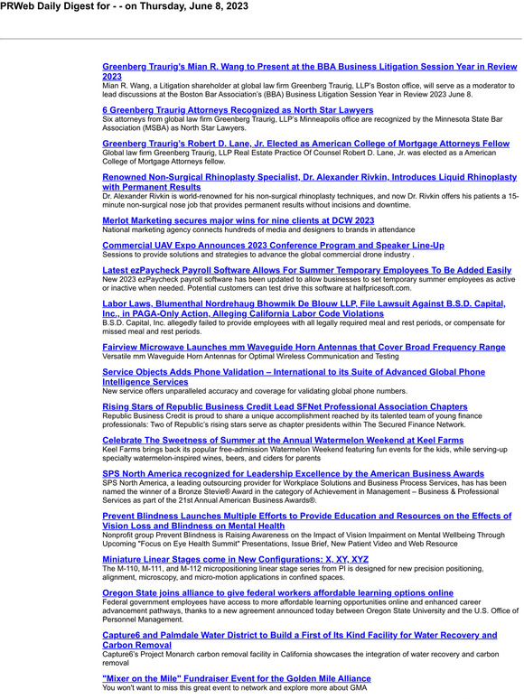 PRWeb: PRWeb Daily Digest for — — on Thursday, June 8, 2023 | Milled