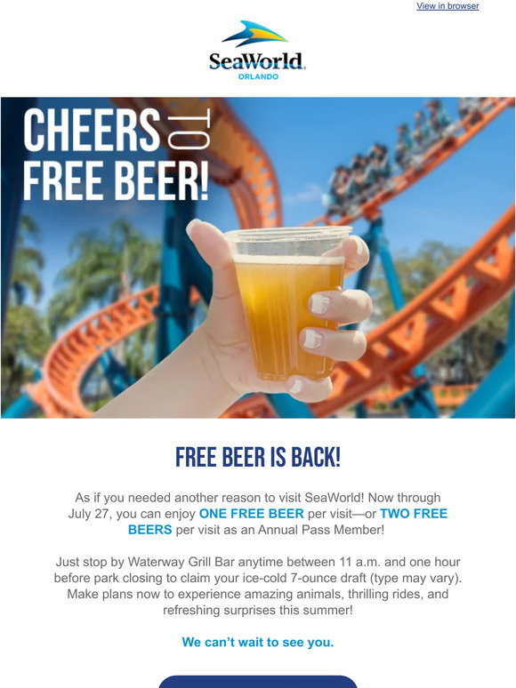 SeaWorld: Enjoy A FREE BEER Every Day Until July 27! | Milled