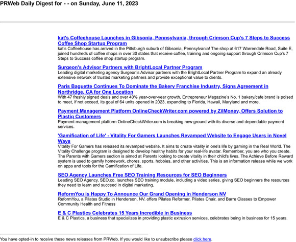 PRWeb: PRWeb Daily Digest for — — on Sunday, June 11, 2023 | Milled