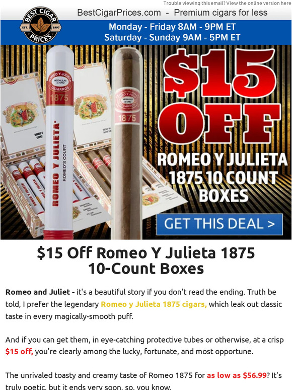 Best Cigar Prices: 🎇 $15 Off Romeo Y Julieta 1875 10-Count Boxes 🎇 | Milled