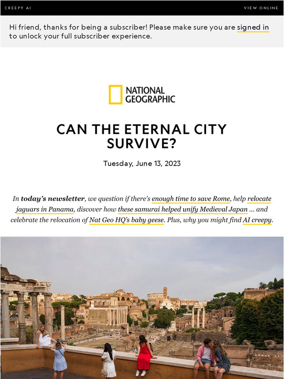 National Geographic: Will Rome sink? Plus, why AI feels creepy | Milled