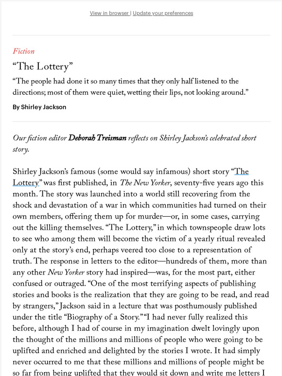 The New Yorker: Shirley Jackson’s “The Lottery” | Milled