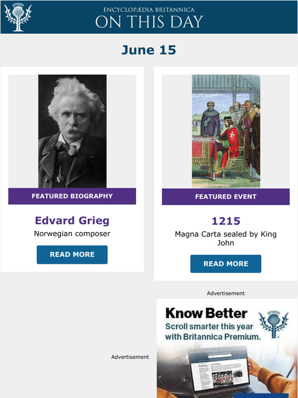 Brittanica: Magna Carta sealed by King John, Edvard Grieg is featured, and more from Britannica ...