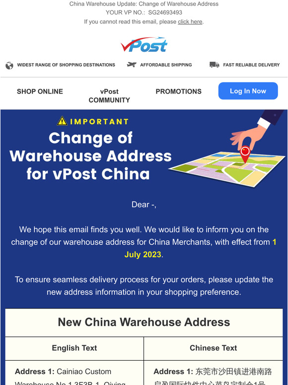 vPost: ⚠️Important: Change of Warehouse Address for vPost China | Milled