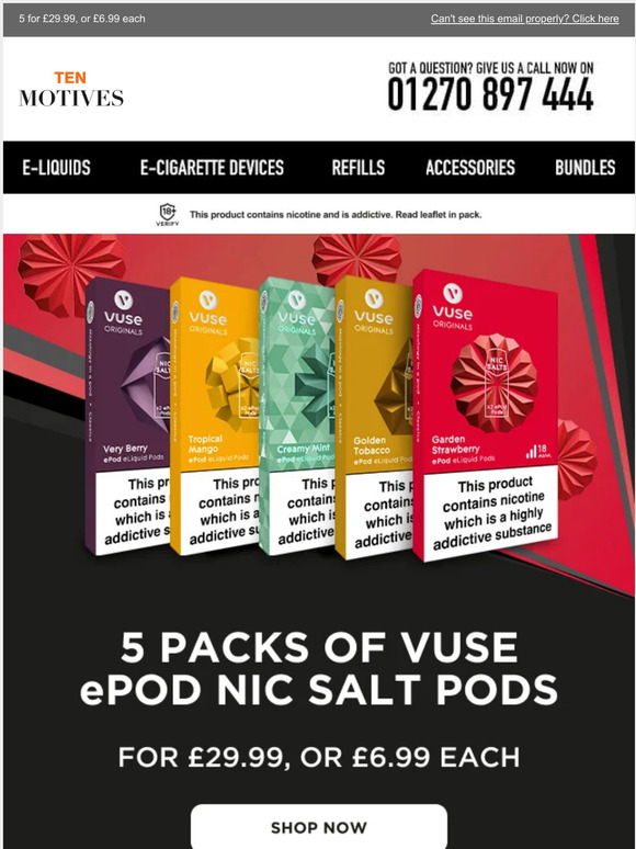 Ten Motives: 5 Packs of Vuse ePod Nic Salt Pods for £29.99, or £6.99 ...