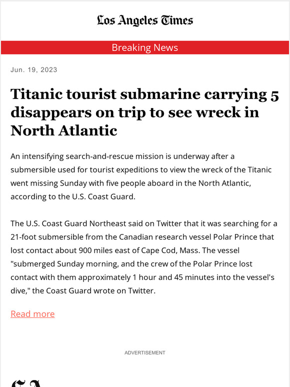 Los Angeles Times: Breaking News: Titanic tourist submersible carrying ... Los Angeles Times: Breaking News: Titanic tourist submersible carrying ...