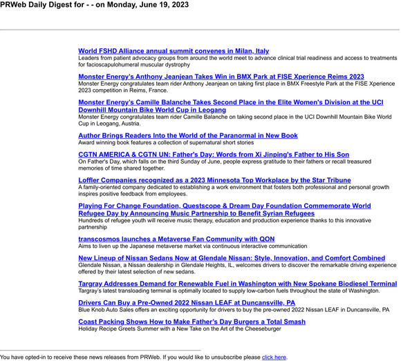 PRWeb: PRWeb Daily Digest for — — on Monday, June 19, 2023 | Milled