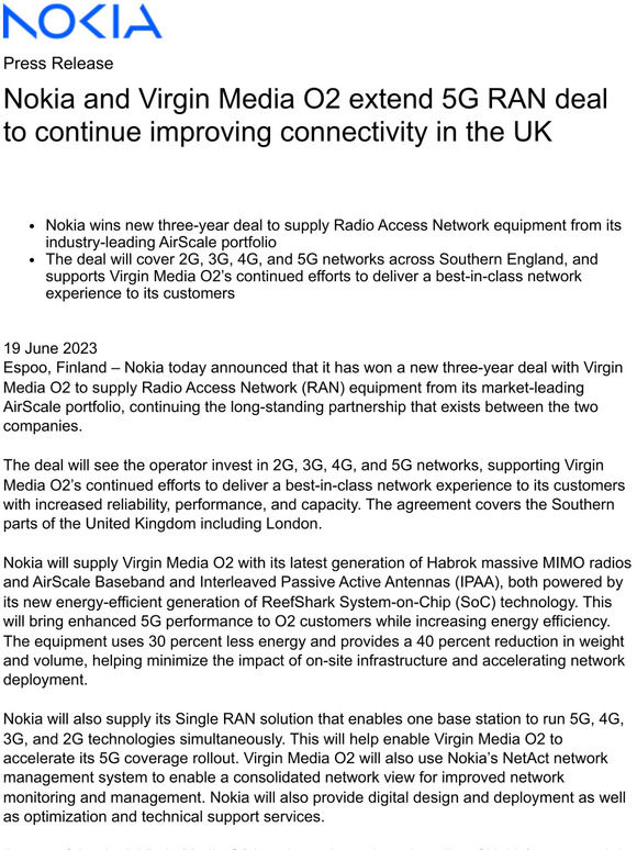 Withings: Nokia and Virgin Media O2 extend 5G RAN deal to continue ...