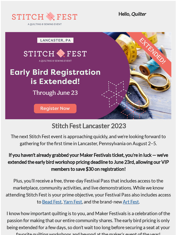 Fons & Porter: Stitch Fest Early Bird Pricing: Extended! | Milled