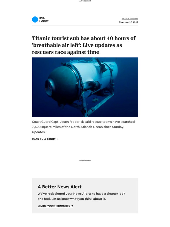 USA TODAY: News alert: Missing Titanic submersible could have about 40 ...