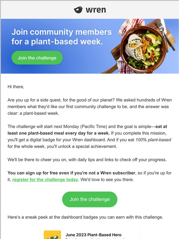 Wren: You’re invited to Wren’s plant-based challenge. | Milled
