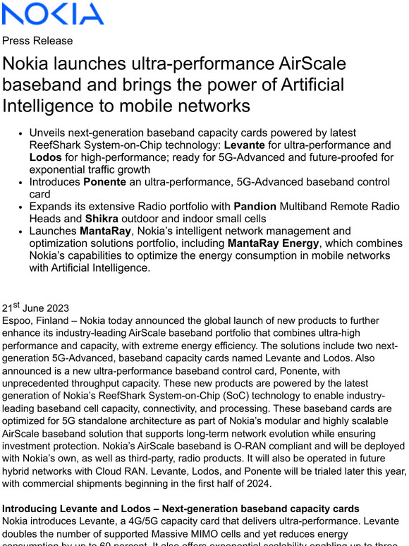 Withings: Nokia launches ultra-performance AirScale baseband and brings the power of Artificial ...