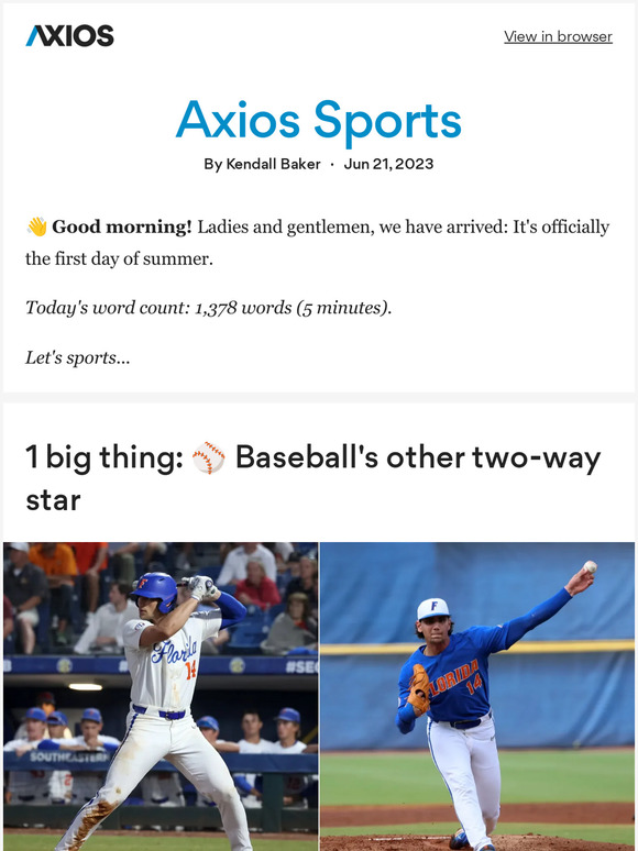 Axios: ⚾️ Axios Sports: College baseball's Ohtani | Milled