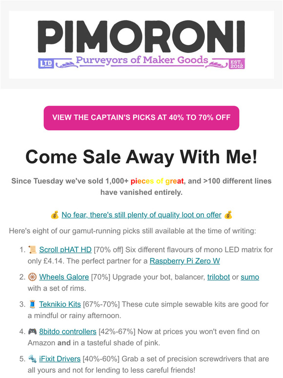 Pimoroni: ⚠️SUMMER SWEEP⚠️ up to 70% off all weekend on primo maker ...