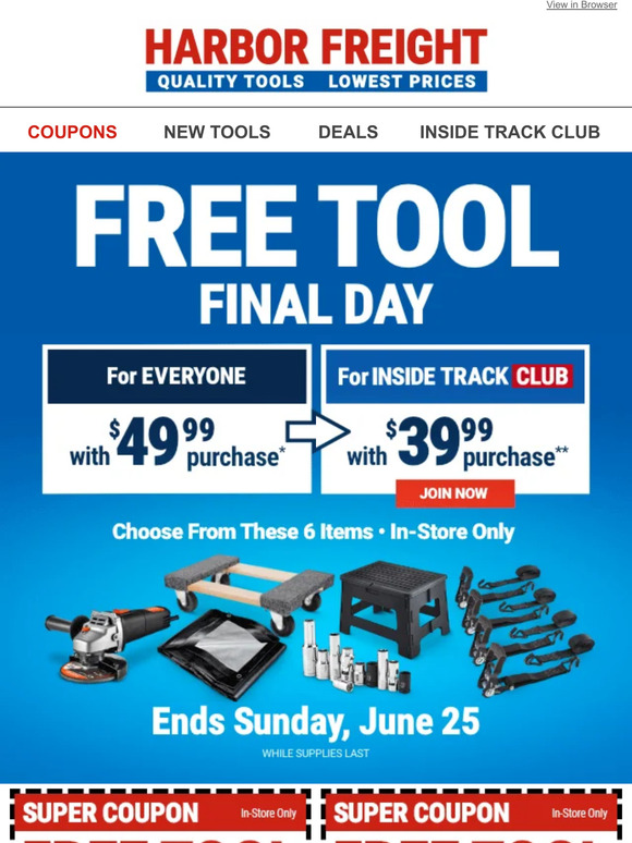 Harbor Freight: Last Chance! Your FREE TOOL Coupon Expires Today | Milled